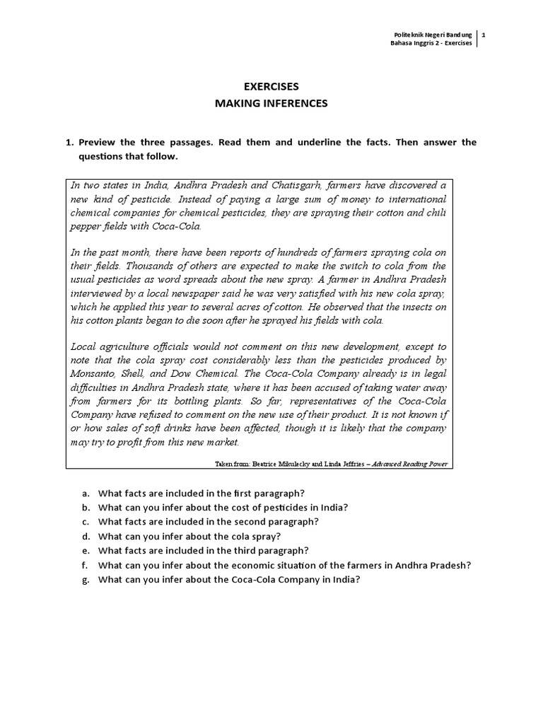 1B - MUJADDID AZKA FIKRI GHAJALI - 7. Making Inferences - Exercises | PDF | Money | Internet