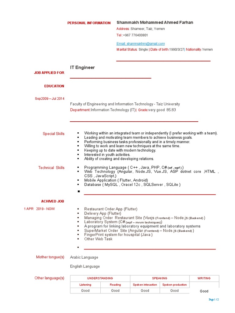 IT Engineer Personal Resume Yemen | PDF | Application Software | Computing