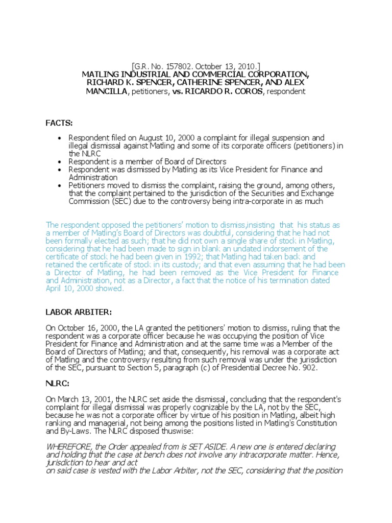 Matling Industrial and Commercial Corp. vs. R.R. Coros GR No. 157802 ...