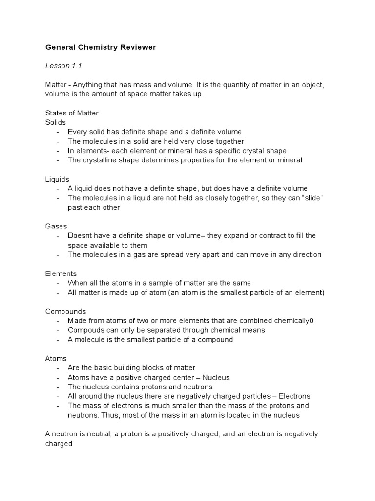 General Chemistry Reviewer | PDF | Mixture | Atoms