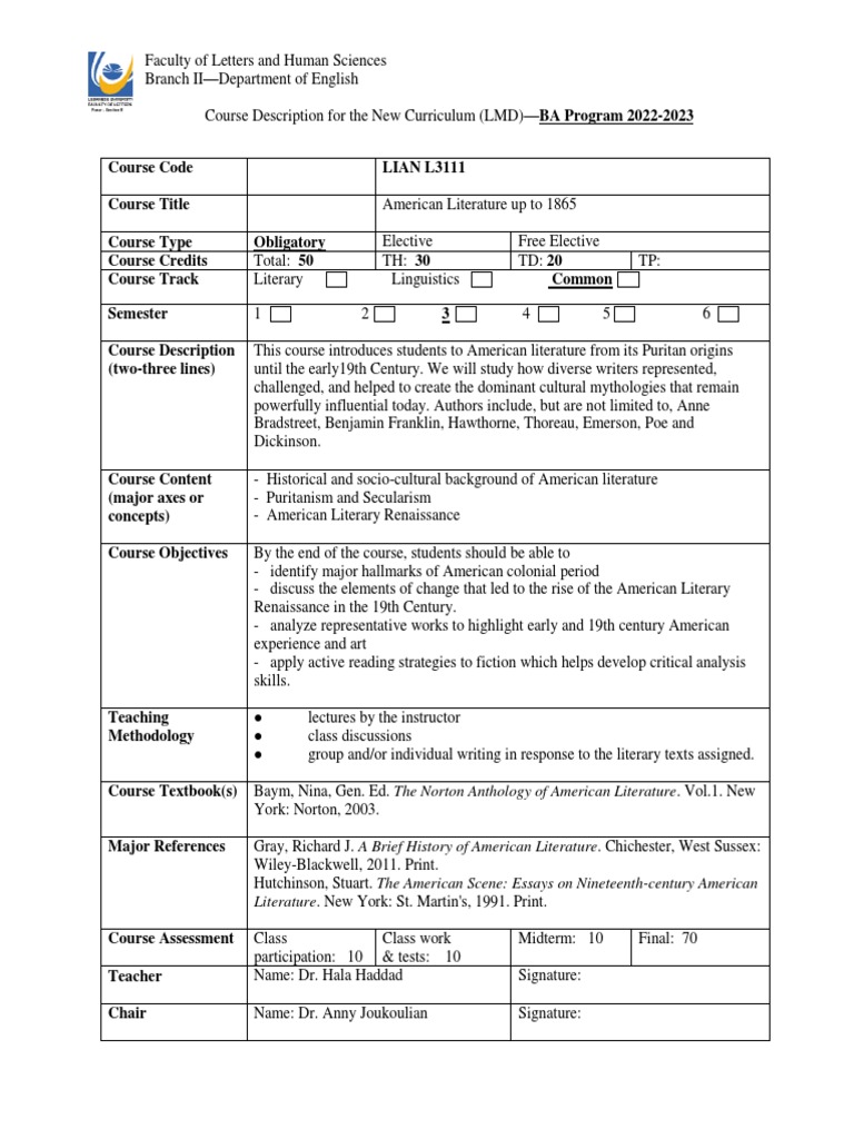 American Literature Up To 1865 Syllabus | PDF | American Literature ...