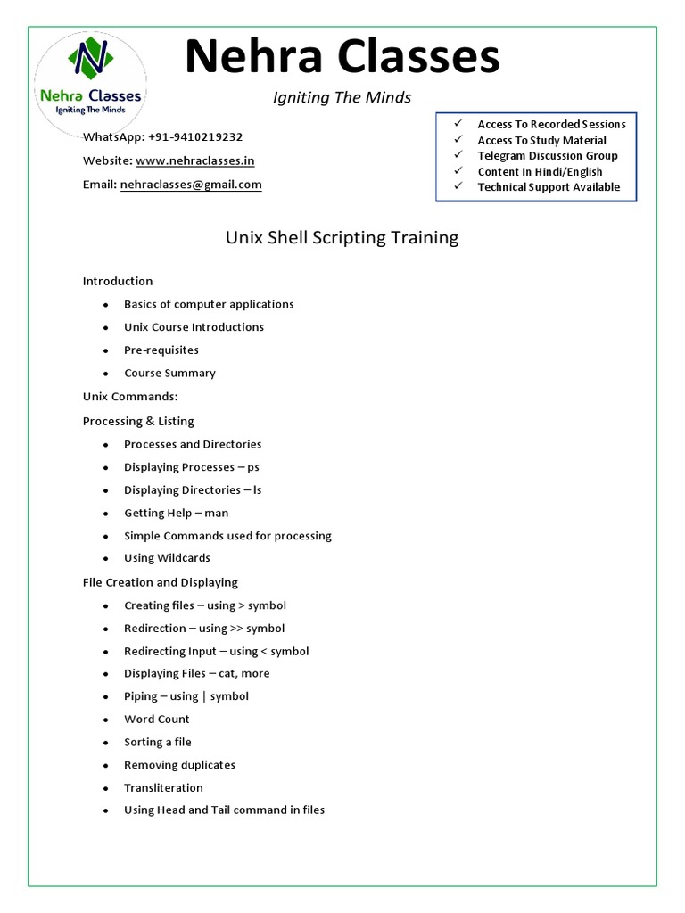 Nehra Classes Bash Shell Scripting Syllabus | PDF | Computer File | Computer Programming