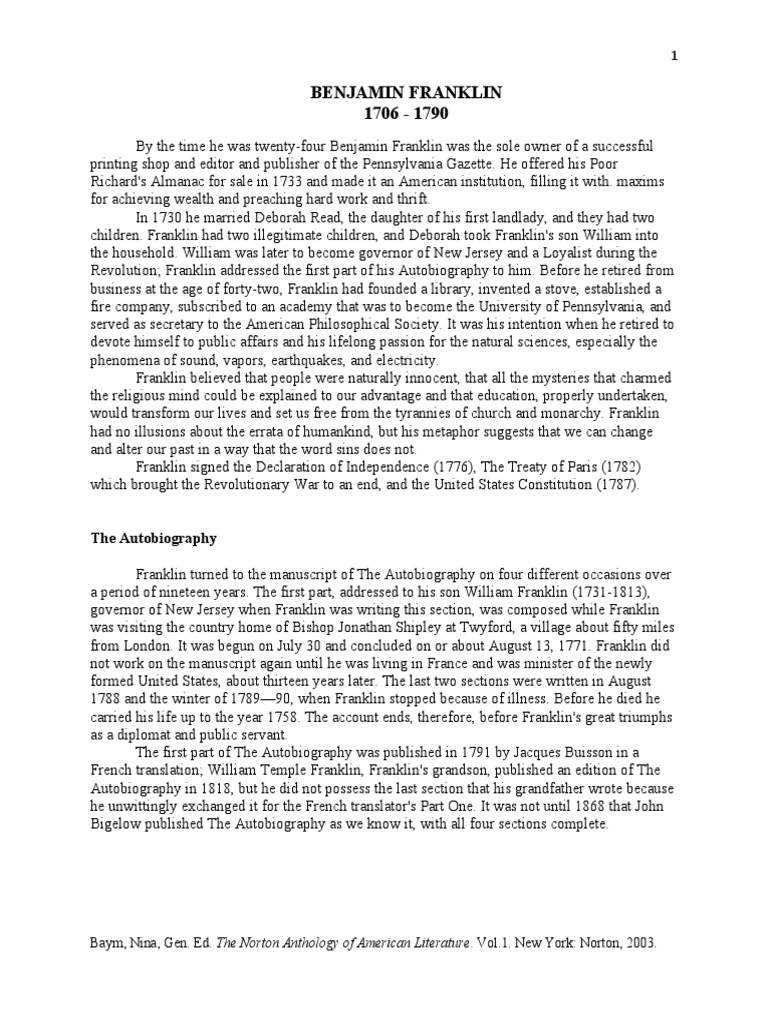 Benjamin Franklin: A Brief Biography and Excerpts from his ...