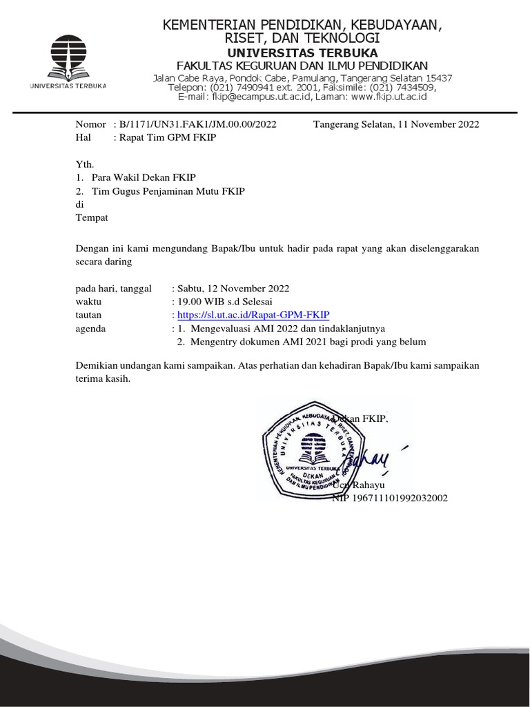 Undangan Rapat Tim GPM FKIP 2022 | PDF