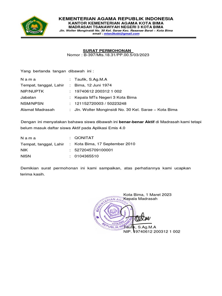 Surat Permohonan Input Siswa 1 | PDF