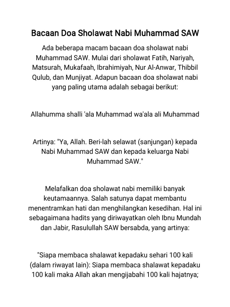 Bacaan Doa Sholawat Nabi Muhammad SAW | PDF