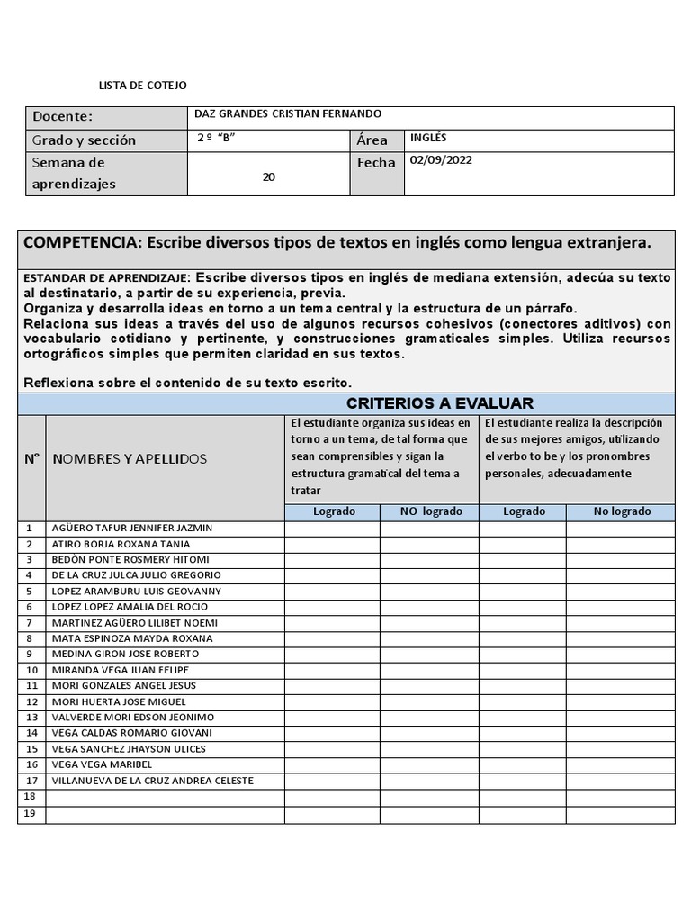Lista de Cotejo para Evaluar Inglés | PDF
