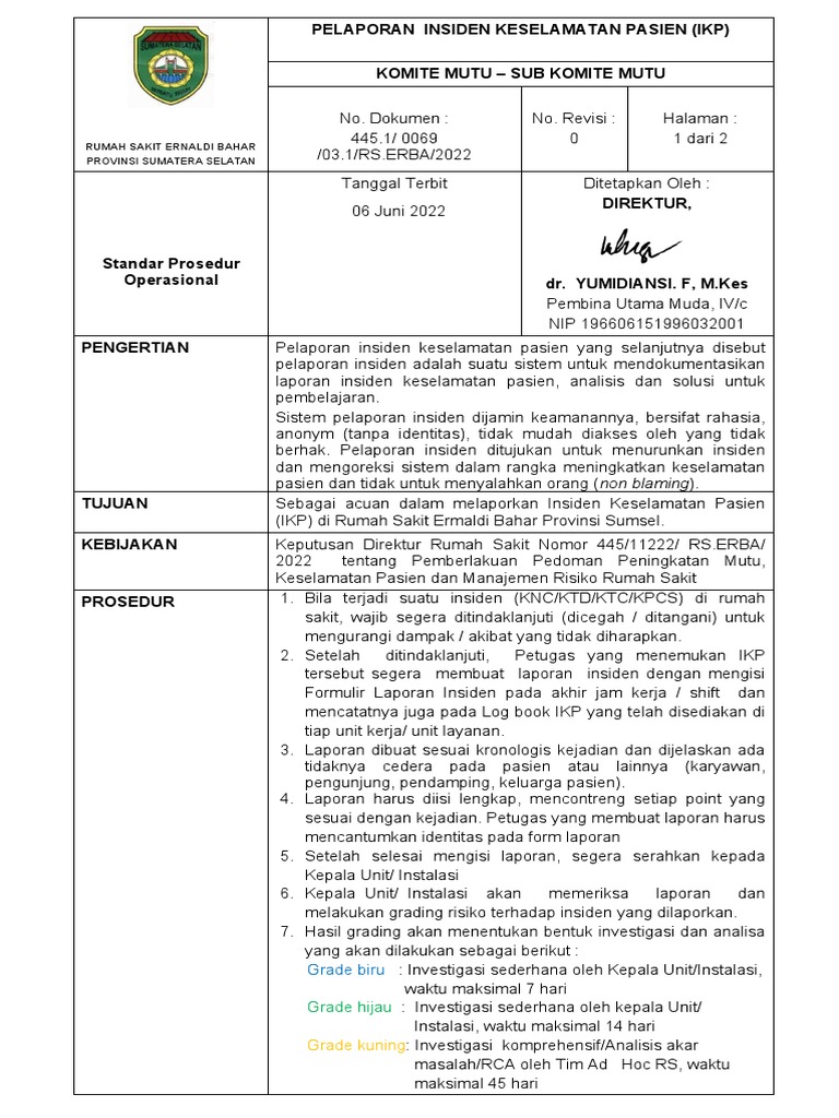 Prosedur Pelaporan Insiden Keselamatan Pasien | PDF