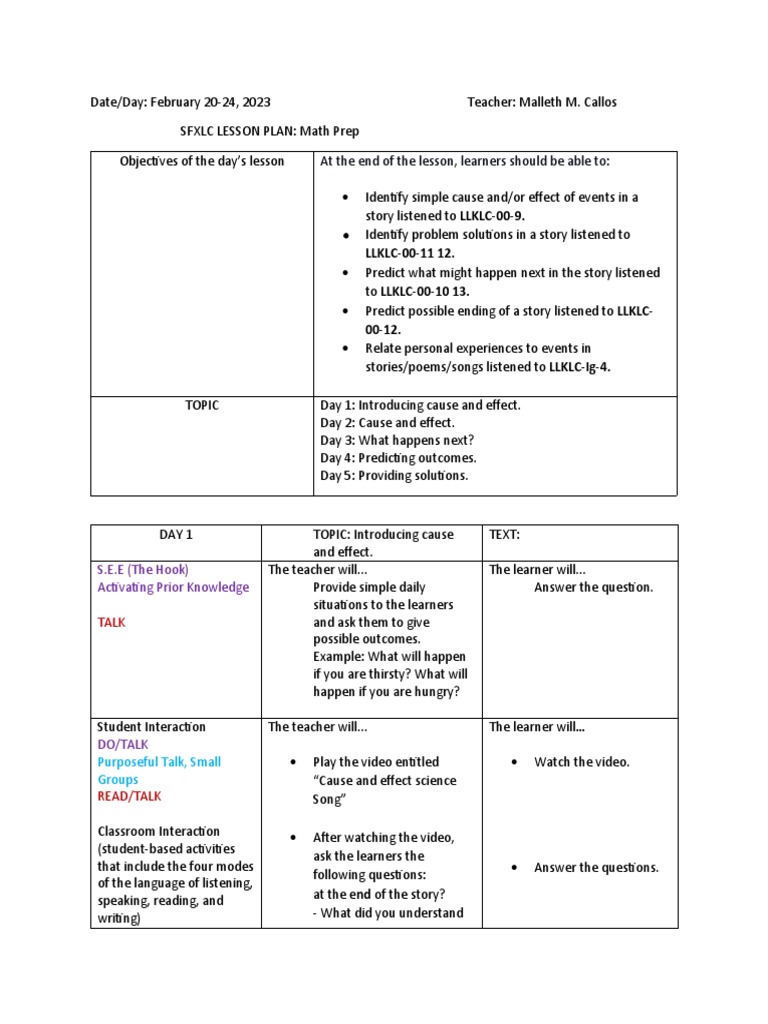 Cause and Effect: A Five-Day Lesson Plan on Identifying Relationships ...