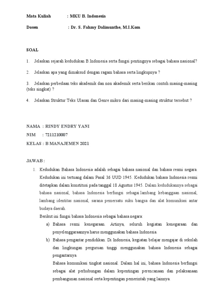 Jawaban Uts BHS - Indonesia | PDF