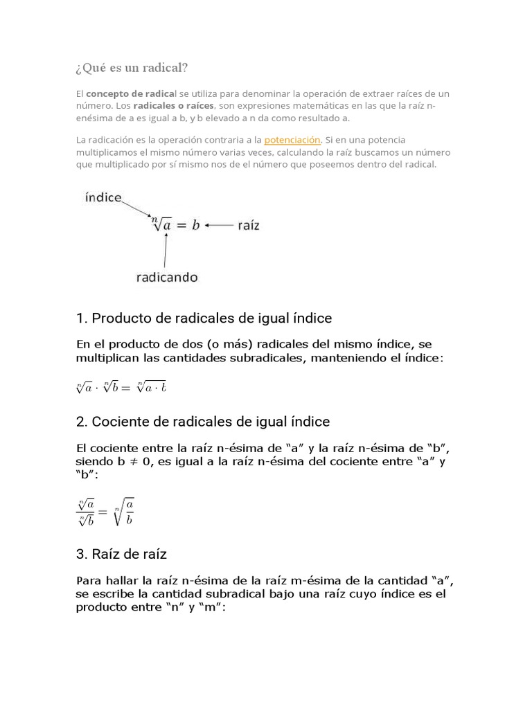 Qué Es Un Radical Matematica | PDF | Exponenciación | Multiplicación