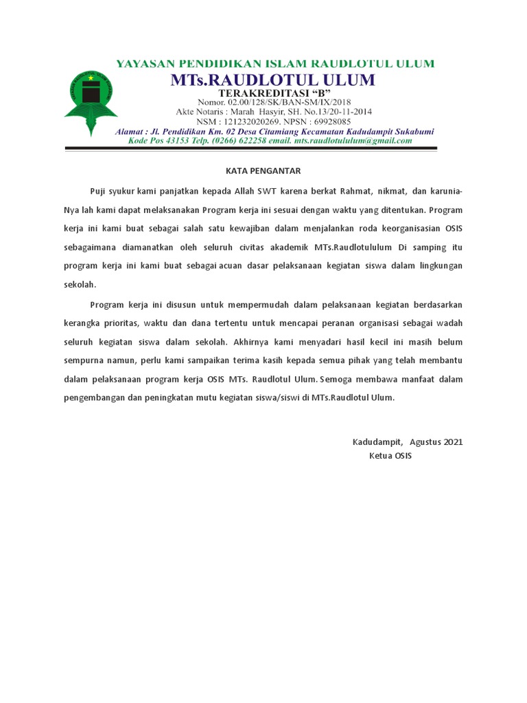 Program Kerja Osis Mts Raudlotul Ulum | PDF