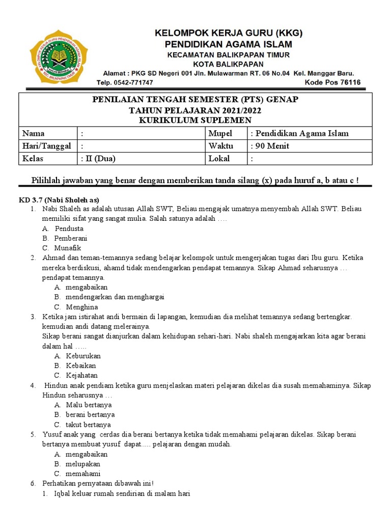 Soal Pai PTS Genap 2022 | PDF