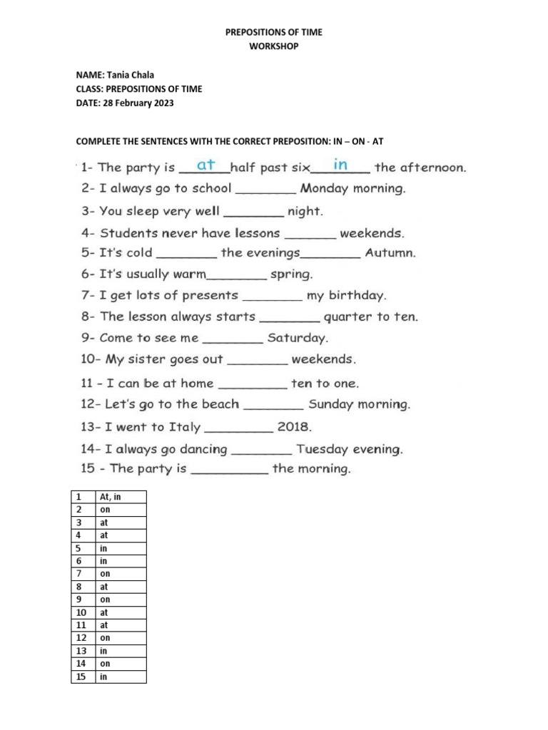 Prepositions of Time Workshop Guide | PDF