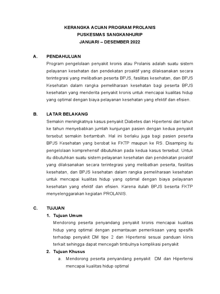 Kerangka Acuan Program Prolanis | PDF | Pengembangan Diri | Kesehatan Holistik