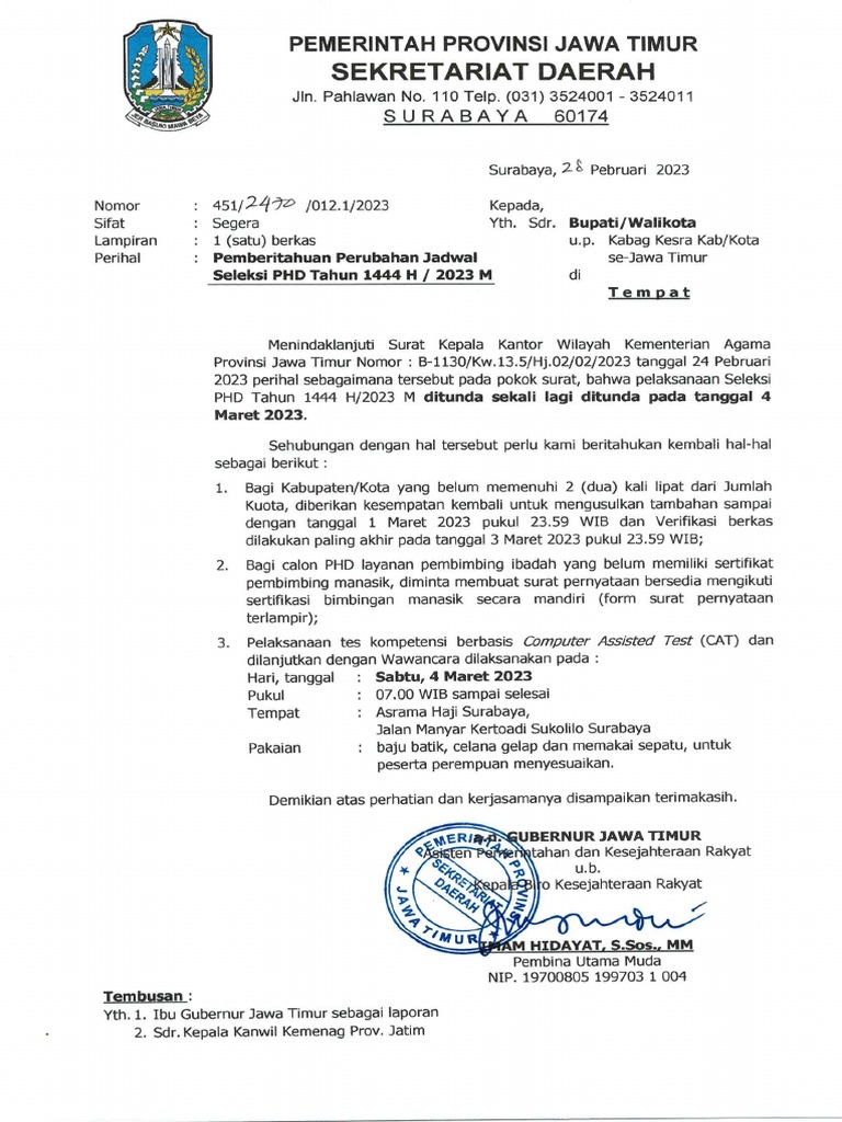 Surat Sekda - Perubahan Pelaksanaan Seleksi PHD 2023 | PDF