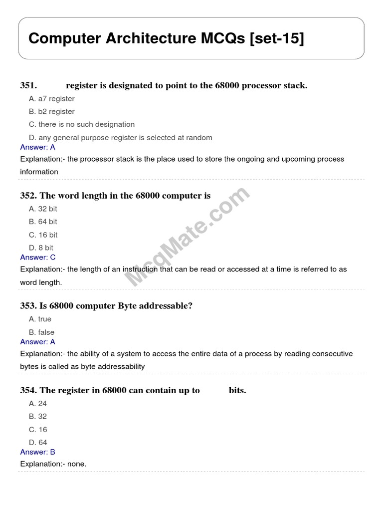 Computer Architecture Solved MCQs (Set-15) | PDF | Bit | Central Processing Unit