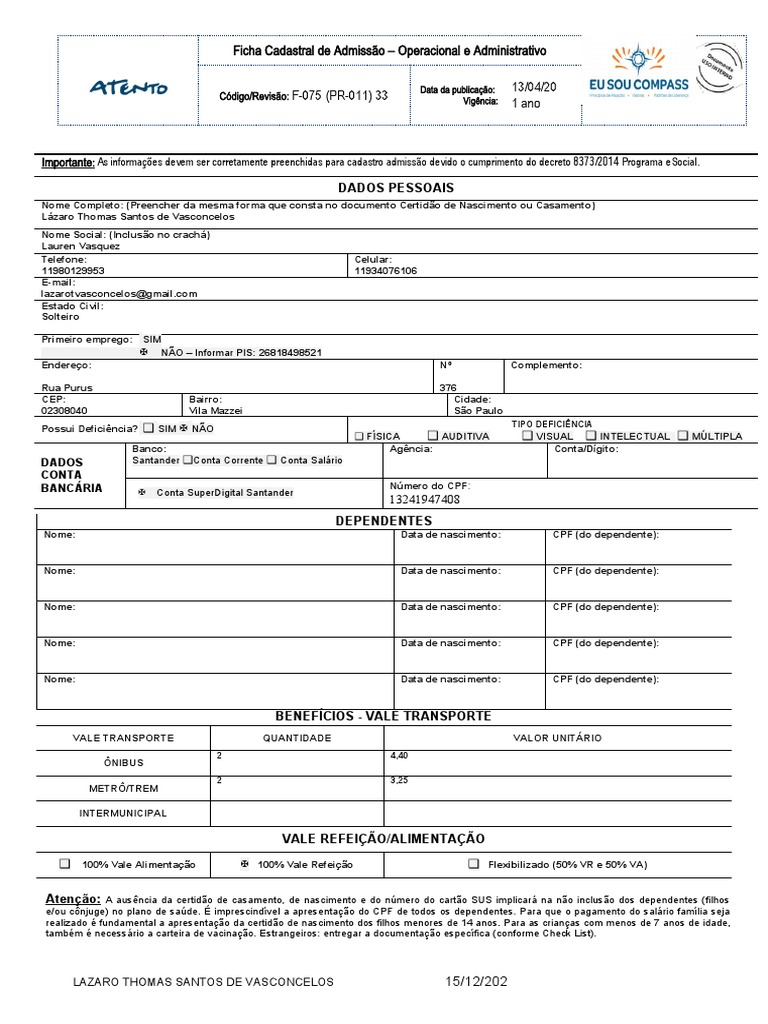 F-075 (PR-011) Ficha Cadastral de Admissão Operacional e Administrativo | PDF