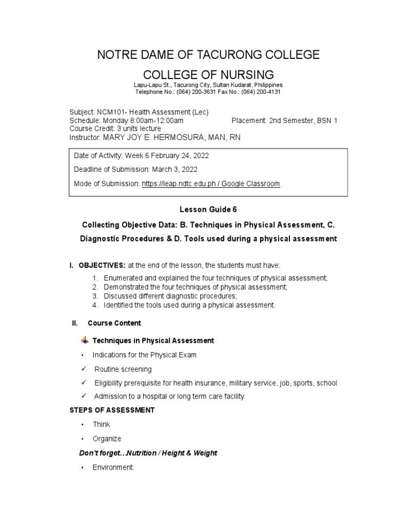 NCM101 Lesson Guide 6 | PDF | Hand | Physical Examination