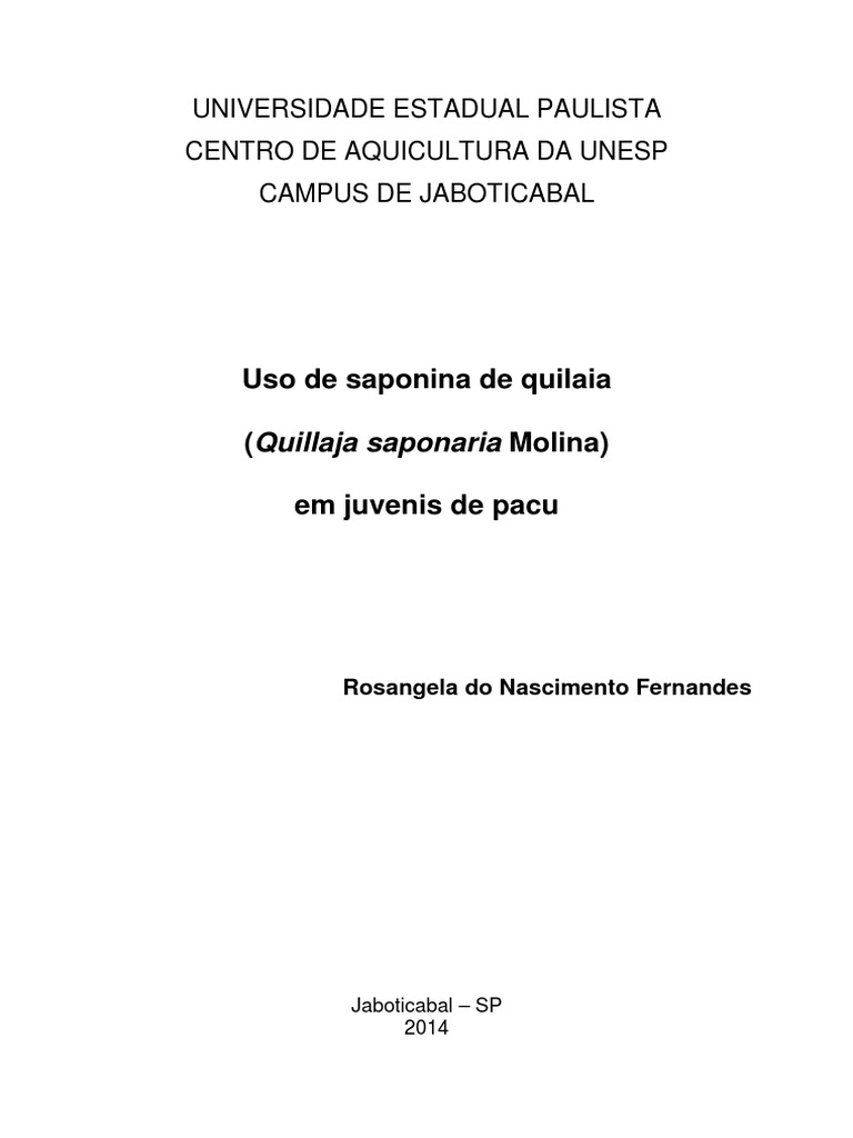 Uso de Saponina de Quilaia (Em Juvenis de Pacu: Quillaja Saponaria ...