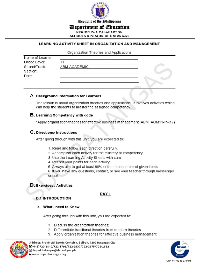 Organization and Management LAS Quarter 1 Week 8 | PDF | Organizational ...