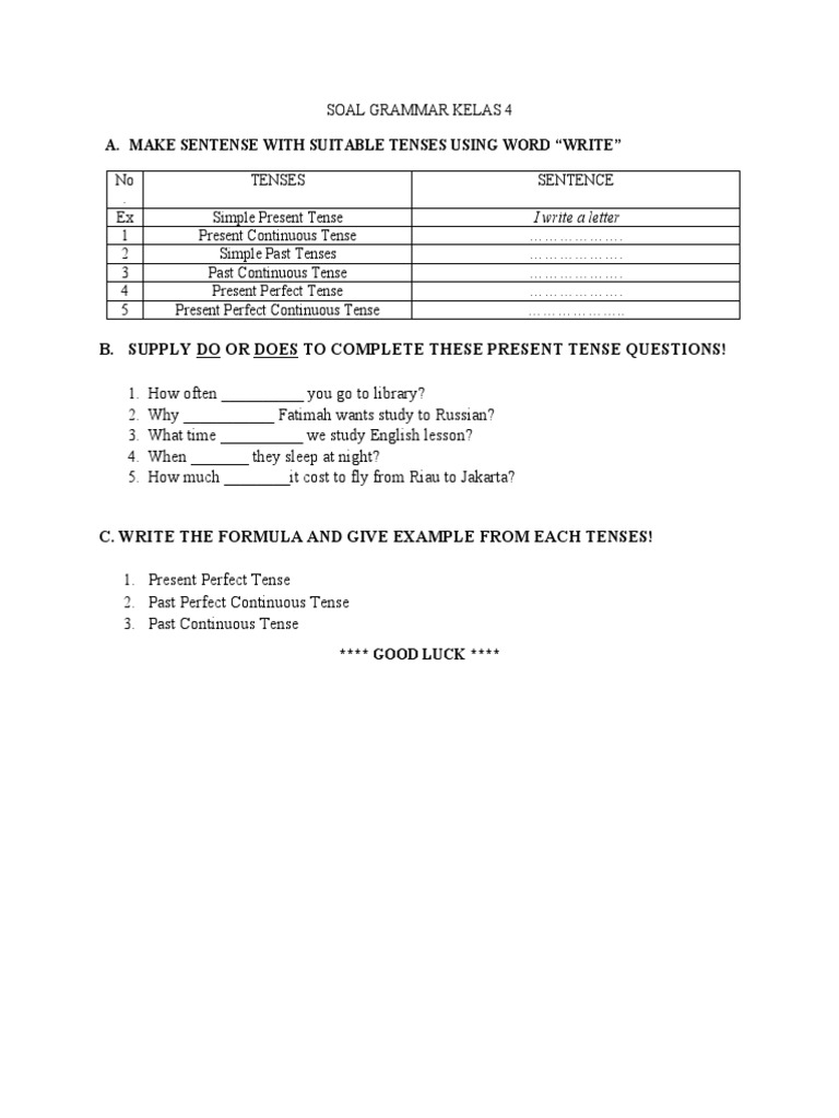 Soal Grammar KElas 4 KMI - Semester 1 | PDF