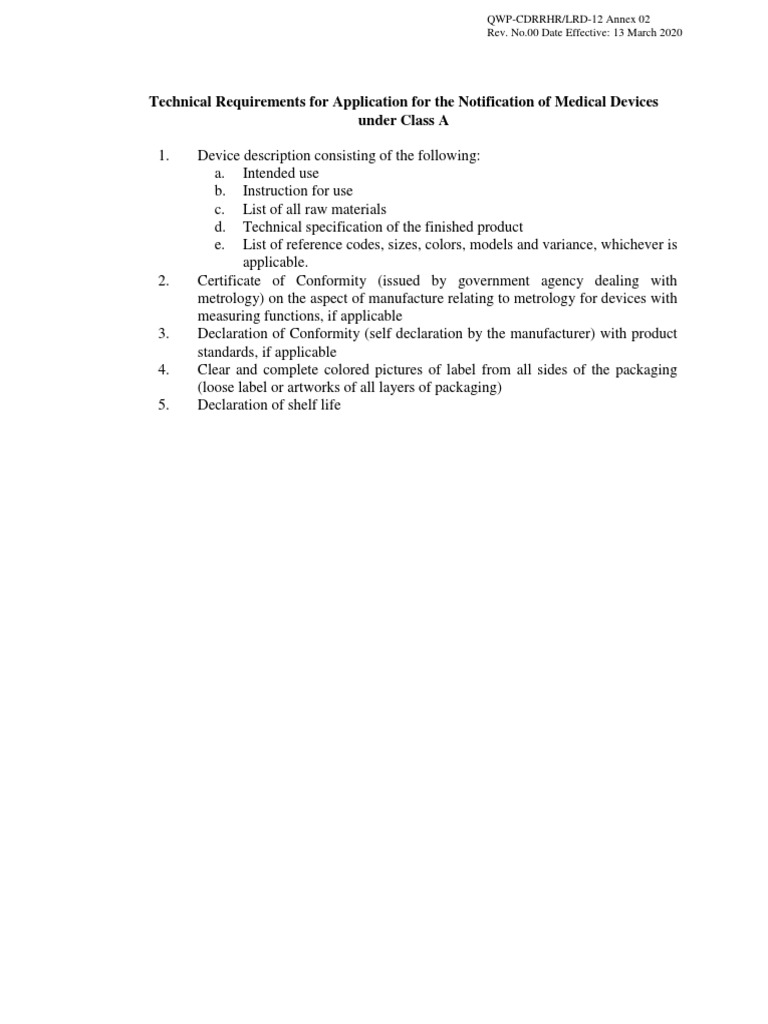 Technical requirements for Class A medical device notification | PDF