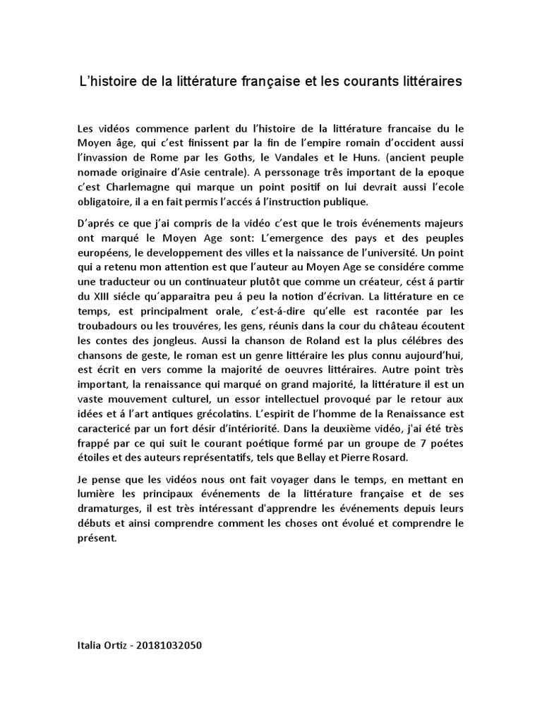 Réssumé Sur L'histoire de La Littérature Francaise | PDF