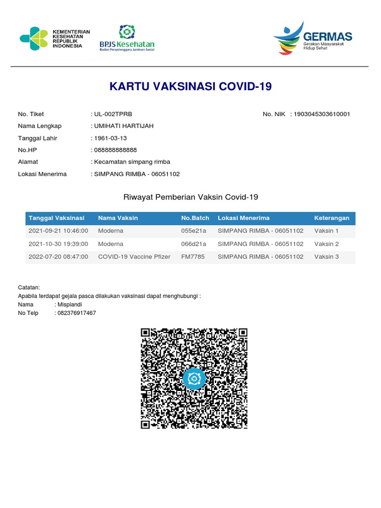 Kartu Vaksinasi COVID-19 Umihati Hartijah | PDF