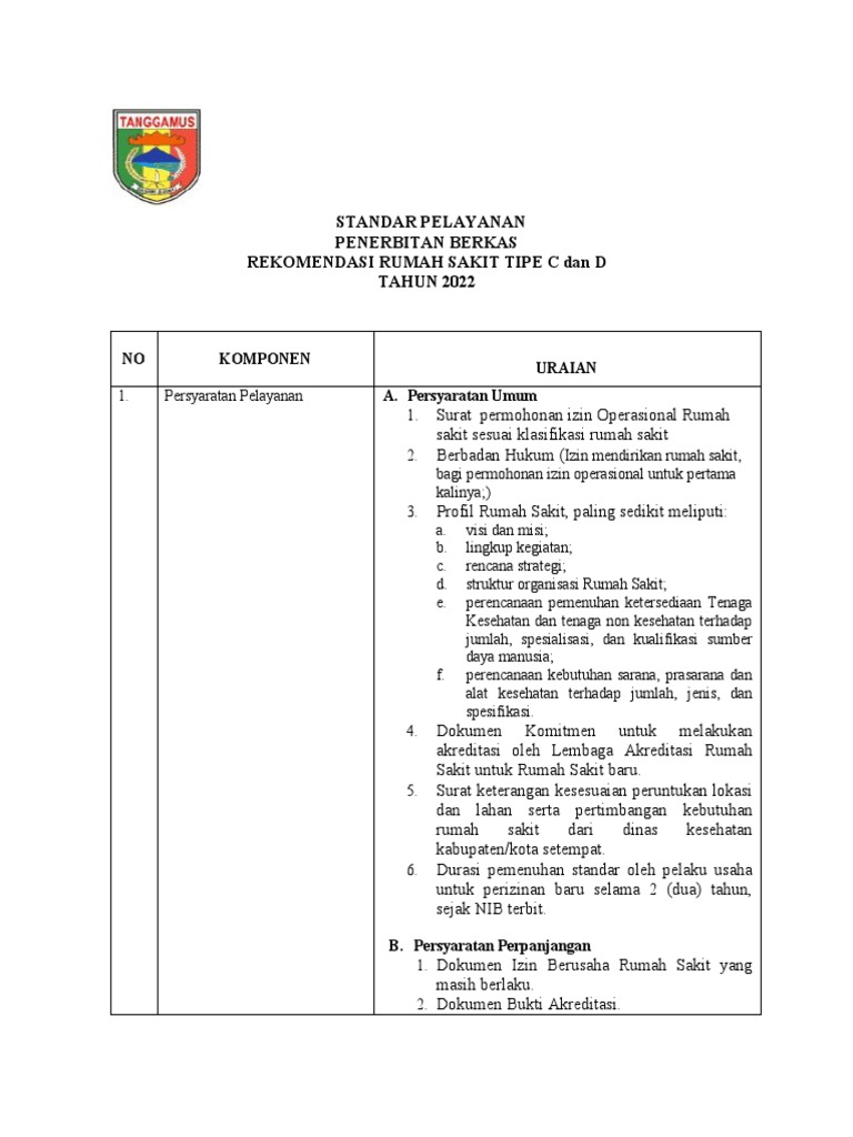Standar Pelayanan Rekomendasi Rs Tipe C Dan D | PDF