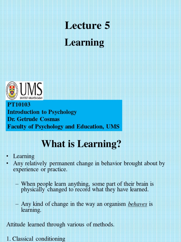 Lecture 5 (Learning) | PDF | Classical Conditioning | Reinforcement
