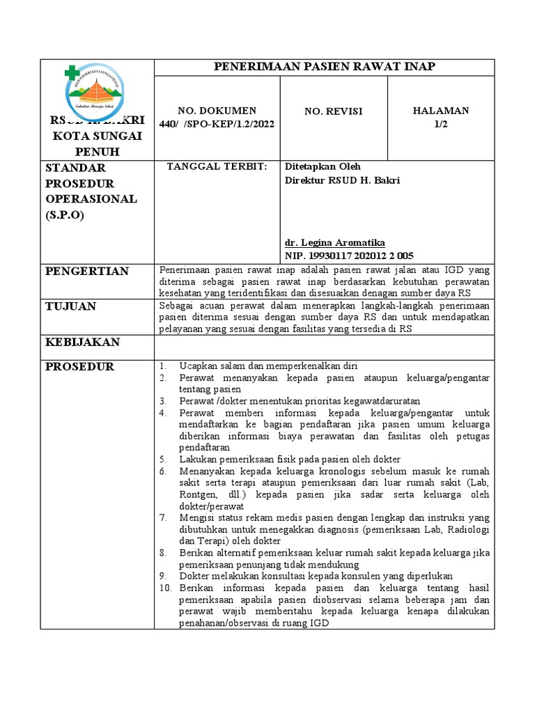 Sop Penerimaan Pasien Baru Di Ruang Rawat Inap | PDF
