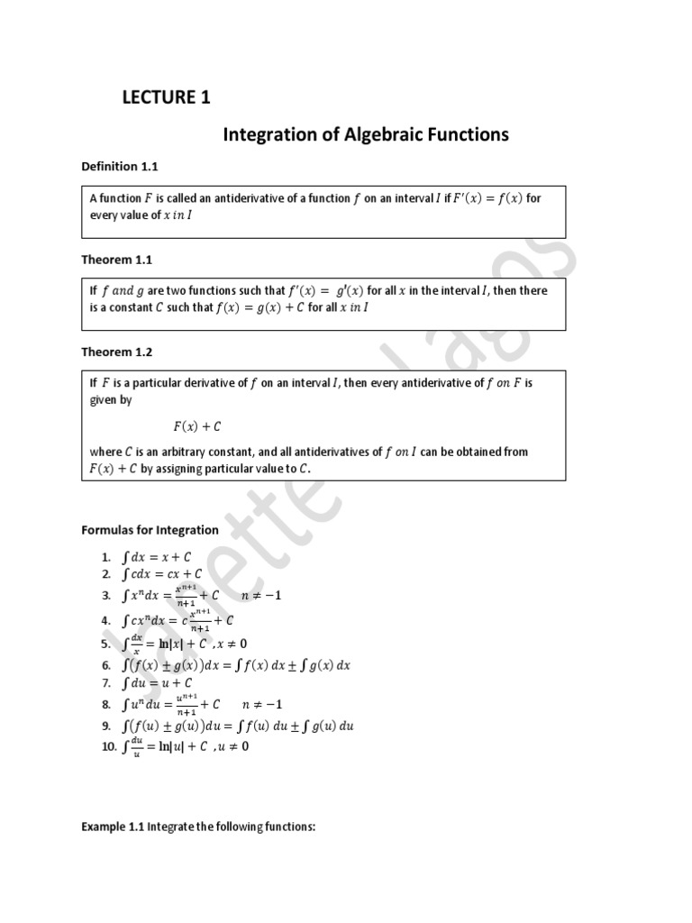 Lecture 1 Integration of Algebraic Function | PDF | Integral | Function ...