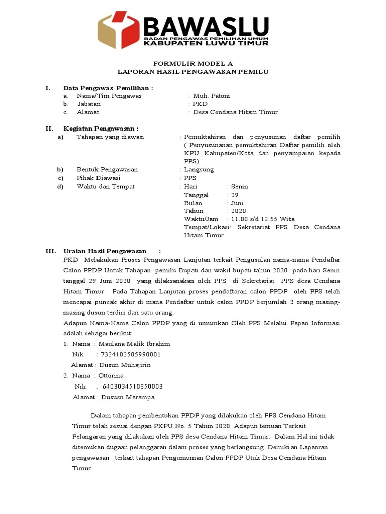 Form A Pengusulan Nama-Nama Pendaftarcalon PPDP Desa Cendana Hitam Timur | PDF | Ilmu Sosial