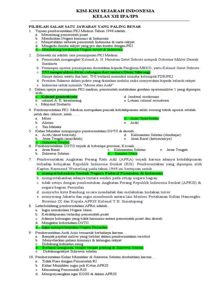 Kisi-Kisi Sejarah Indonesia 2022 | PDF