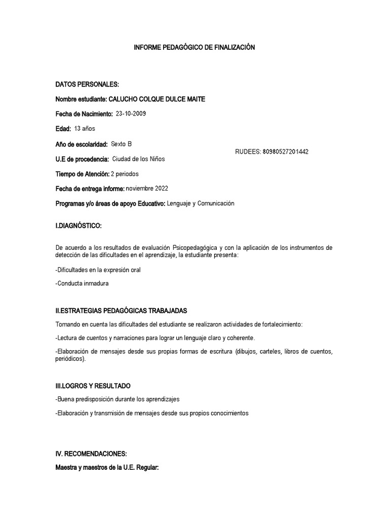 Informe Pedagógico de Finalización | PDF | Aprendizaje | Evaluación