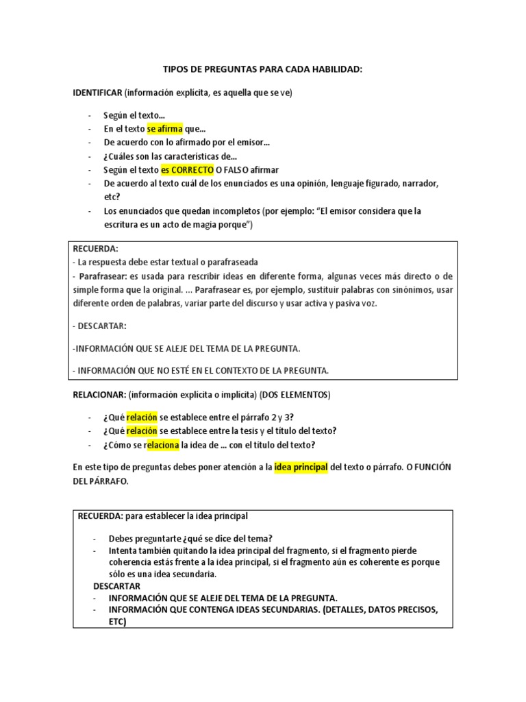 Tipos de Preguntas para Cada Habilidad | PDF | Información | Inferencia