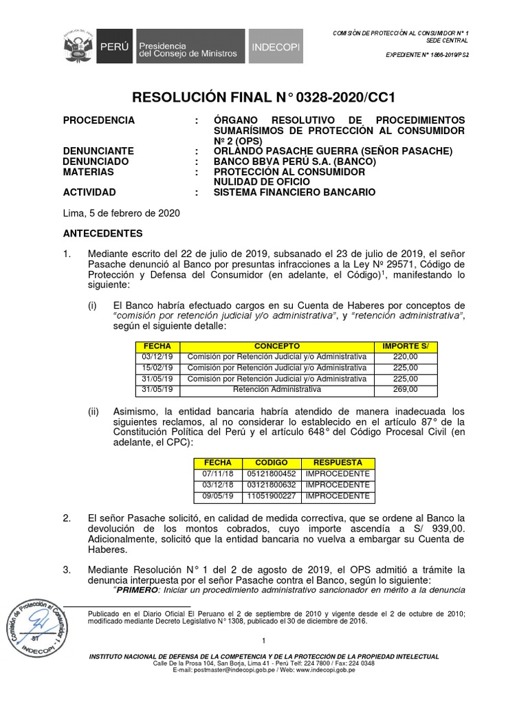 Resolución Final #0328-2020/CC1 | PDF | Protección al Consumidor | Apelación