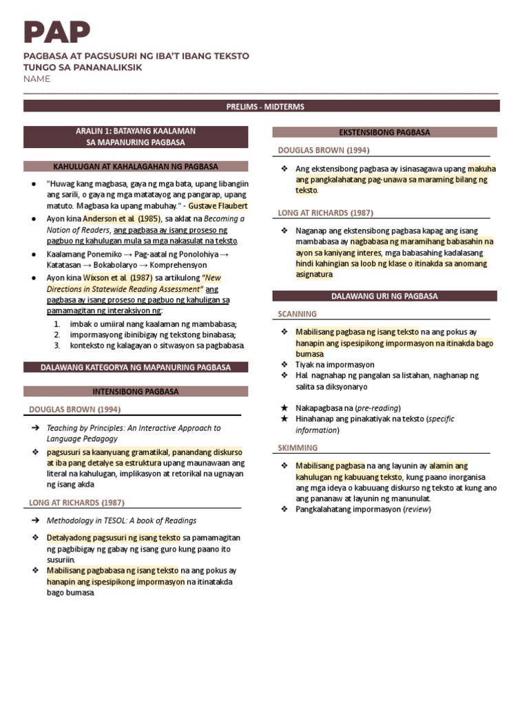 Ekstensibong Pagbasa: Prelims - Midterms Aralin 1: Batayang Kaalaman Sa Mapanuring Pagbasa | PDF