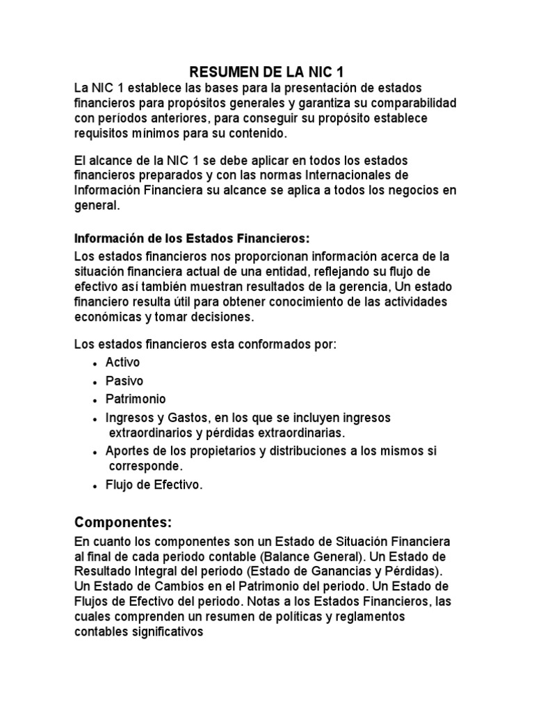 Resumen de La Nic 1 | PDF | Estado financiero | Contabilidad