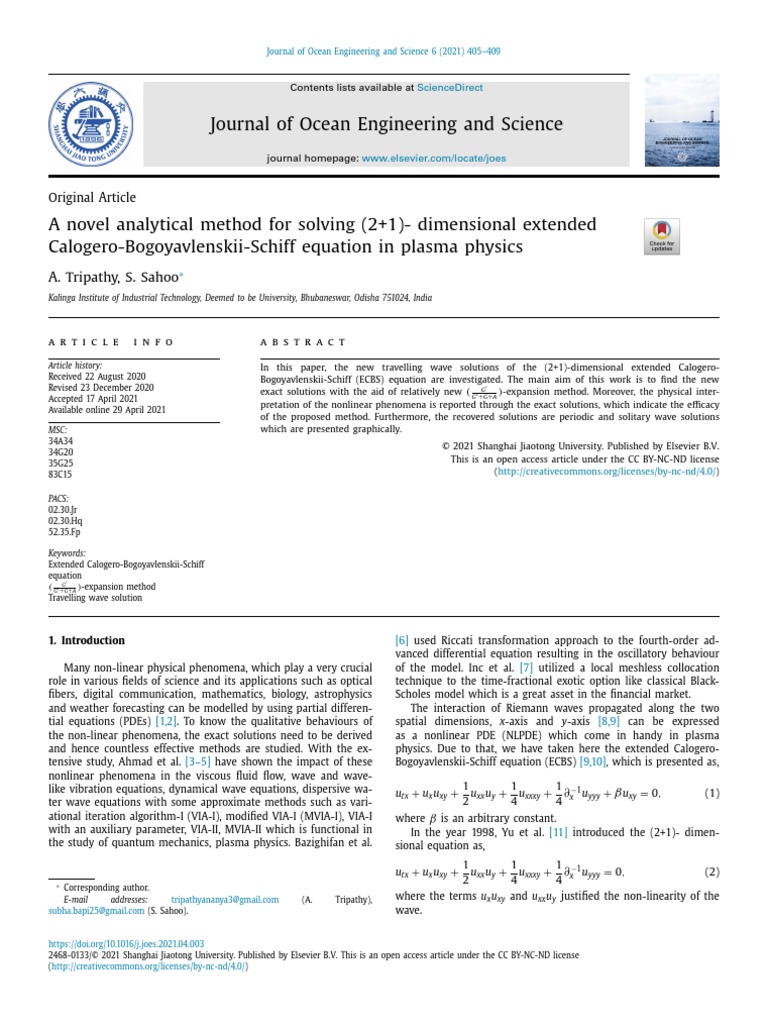 (2+1) - Dimensional Extended Calogero-Bogoyavlenskii-Schiff Equation in Plasma Physics | PDF ...
