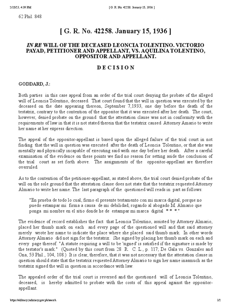 Payad v. Tolentino, GR 42258, 1:15:1936 | PDF | Constitutional Law ...