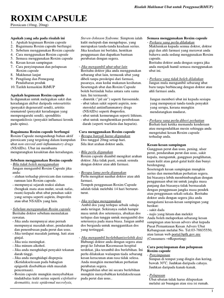 Roxim Capsule 10mg, 20mg (Piroxicam) PRIME PHARMACEUTICAL SDN. BHD ...