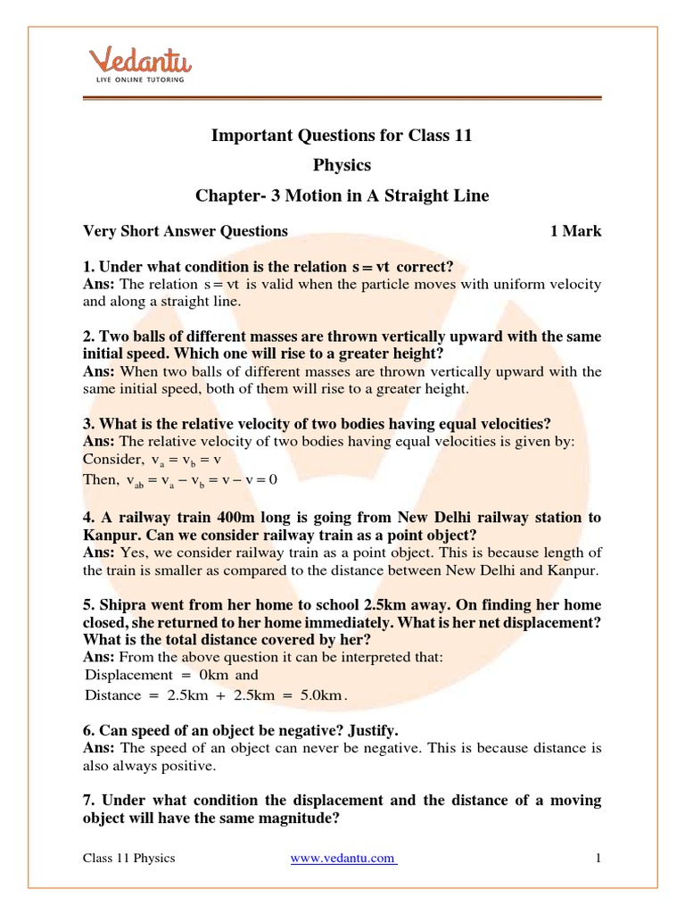 CBSE Class 11 Physics Chapter 3 - Motion in A Straight Line Important Questions 2022-23 | PDF ...