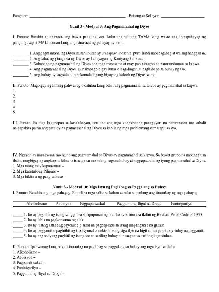 ESP 10 Remedial Worksheets 3rd Grading | PDF