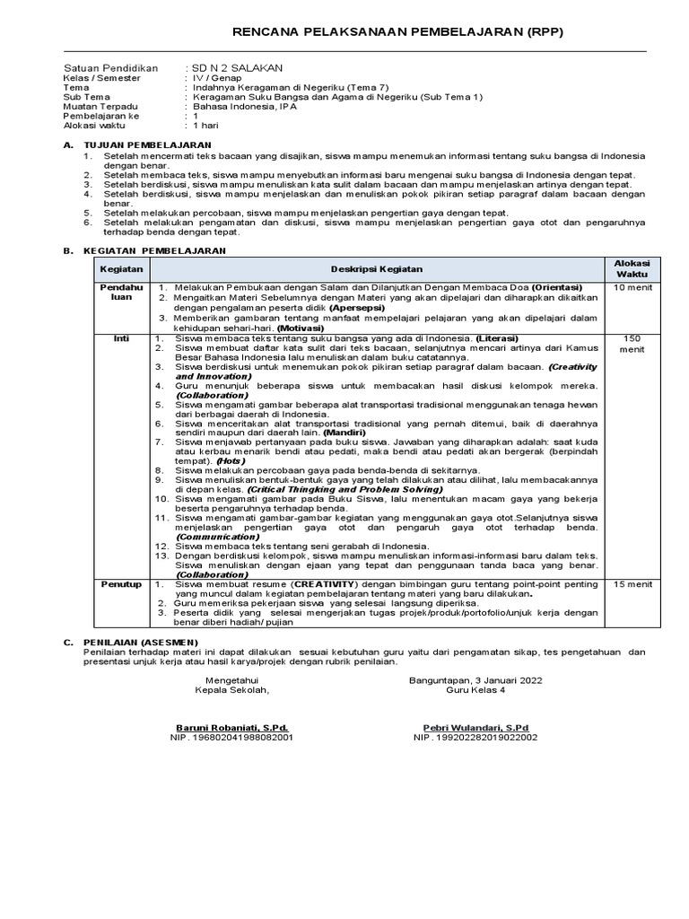 RPP 1 Lembar Kelas 4 Tema 7 | PDF