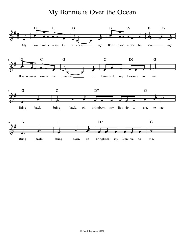 My+Bonnie+is+Over+the+Ocean +Leadsheet+Ukulele+ (G) | PDF