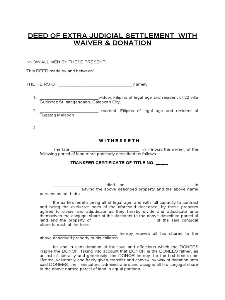 Deed of Extra Judicial Settlement With Donation | PDF | Deed | Natural ...