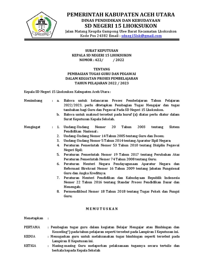 SK Pembagian Tugas 2022-2023 | PDF