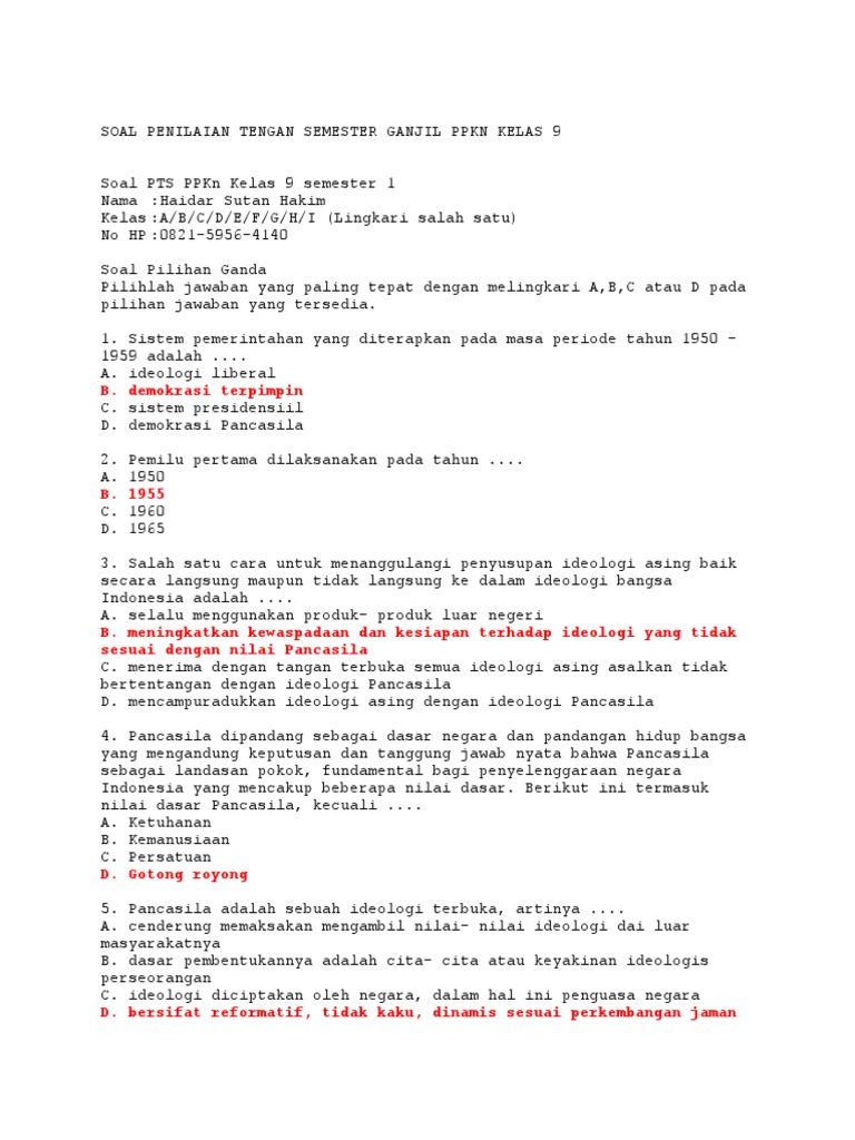 Soal PTS PKN Kelas 9 Semester 1 | PDF